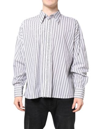 Dolce & Gabbana Mens White Black Stripe Button Down Casual Shirt And Cotton