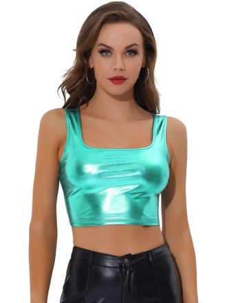 Allegra K Damen Metallic Crop Top Party Tanktop &Auml;rmellos Gl&auml;nzend Club Bauchfrei Oberteil Blau Cyan XL