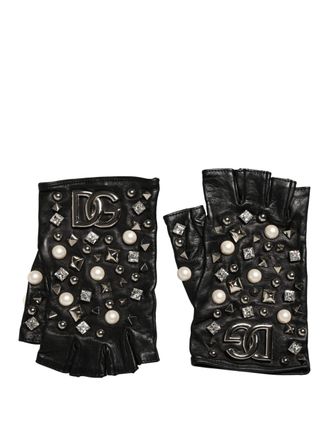 Dolce & Gabbana Womens Black Pearl Embellished Wrist Length Gloves Lamb Leather