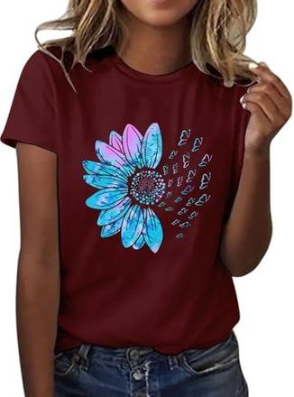 Generic T-shirt d&eacute;contract&eacute; &agrave; manches courtes et col rond pour femme - Motif floral et papillon - Doux et l&eacute;ger - Pour un usage quotidien, les vacances, l&eacute;t&eacute;,