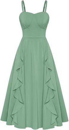 Belle Poque Robe décontractée pour femme avec ourlet à volants et bretelles taille haute, vert clair, L