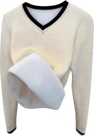 Minetom Pull Femme Col V Pullover Manches Longues Doublé Polaire Chandail Casual Automne Hiver Chaud sous-vêtement Thermique Hauts Tops B Beige M