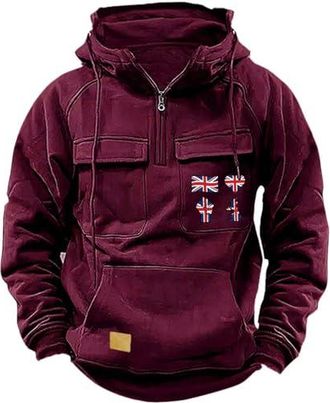 Generic Sweat à capuche pour homme avec imprimé drapeau de lAngleterre - Fermeture éclair 1/4 - Manches longues - Coupe ample - Cordon de serrage - Léger et d