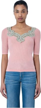 Chlo&eacute; Femme, Pulls, Rose, Taille: 42 FR Embroidered Neckline Knit Top
