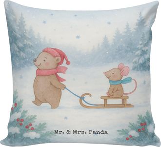 Mr. & Mrs. Panda Sofakissen B&auml;r und Maus Schlitten Design - Geschenk, Kopfkissen, Kissen 40x40, Weihnachten, Dekokissen, deko, microfaser