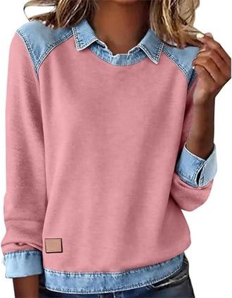 Generic Pull Femme Denim Patchwork Sweatshirt Femme Sans Capuche Manches Longues Col Revers Tee Tops Casual Mode T-shirt &agrave; Manches Longues Chemisier Contraste