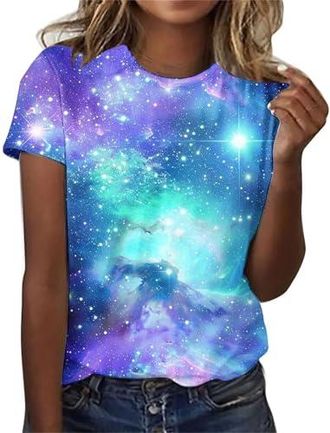 Generic T-shirt imprim&eacute; galaxie pour femme | T-shirt graphique doux &agrave; col rond et manches courtes, haut d&eacute;t&eacute; l&eacute;ger et d&eacute;contract&eacute; pour les vacances, les voyag