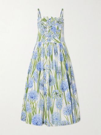 Oscar De La Renta Robe Midi En Popeline De Coton M&eacute;lang&eacute; &Agrave; Imprim&eacute; Fleuri Et &Agrave; Plis - Bleu