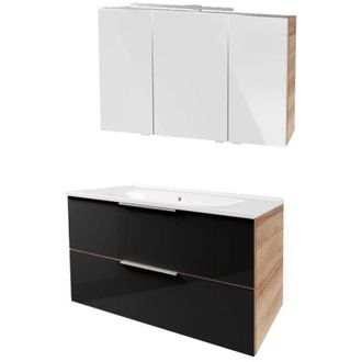 Fackelmann b. brillant Badm&ouml;bel Set 3-teilig 100 cm, Anthrazit Glas/Braun hell, Gussmarmor+LED-Spiegelschrank-90321145