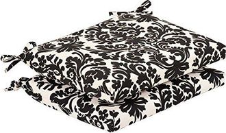 Pillow Perfect Damast-Sitzkissen mit B&auml;ndern, quadratische Ecken, Pl&uuml;schfaser-F&uuml;llung, Wetter- und lichtbest&auml;ndig, 40,6 x 47 cm, schwarzer Essence-Onyx, 2 St&uuml;ck