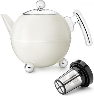 Bredemeijer Bella Ronde Edelstahl-Teekannen-Set 1,2L - Große doppelwandige Edelstahlkanne in Kugelform mit Füßen, Creme-Weiß - Mit Tee-Filter Sieb-Aufsatz für los