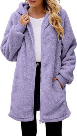 Generic Veste polaire en peluche pour femme avec fermeture éclair intégrale, couleur unie, veste à capuche mi-longue pour femme, vêtement dextérieur en peluch