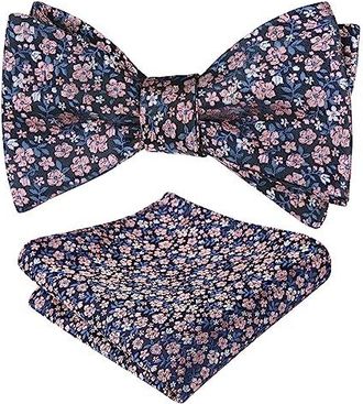 Alizeal Ensemble noeud papillon et carré de poche pour homme Motif floral coloré, Bleu marine + blush, taille unique