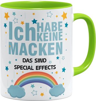 OM3 Ich habe keine Macken Das sind Special Effects Tasse mit Spruch Regenbogen - Keramik Becher - 11oz 325ml - Beidseitig Bedruckt - Hellgrün