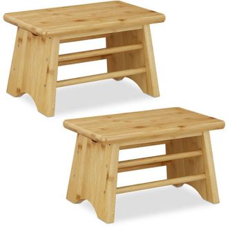 Relaxdays 2x Tabouret, bambou, jusqu&agrave; 100 kg, escabeau, si&egrave;ge enfants salle de bain, repose-pieds 20x33x21,5 cm, nature