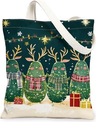 Generic Sacs fourre-tout en toile avec motif de rennes de No&euml;l, sacs d&eacute;picerie r&eacute;utilisables, vintage, l&eacute;gers et lavables, vert, 13x15 Inch