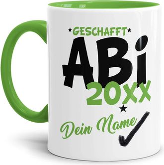 Tassendruck Abi-Tasse Geschafft Abi 20XX - Selbst gestalten mit Jahr und Name zum bestandenen Abitur/Schule/Lehrer/personalisierte Geschenk-Idee/Innen & Henkel He