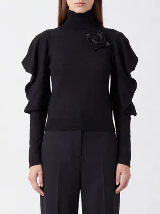 Blumarine Woll-Rollkragenpullover mit Blumenapplikation und Puff&auml;rmeln
