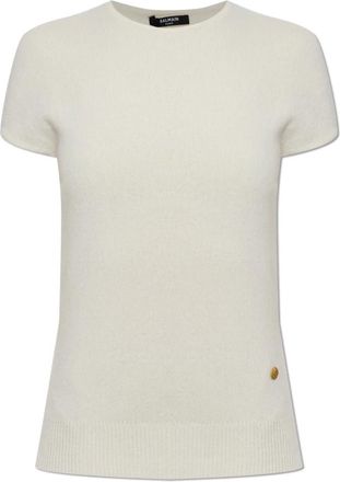 Balmain Femme, Pulls, Beige, Taille: 38 FR Top Cr&egrave;me avec Logo Appliqu&eacute;