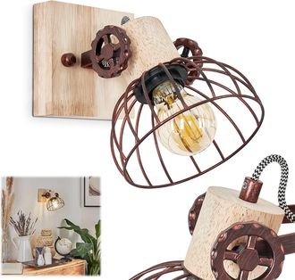 HOFSTEIN Wandleuchte Orny, Wandlampe Vintage-Design aus Holz/Metall in Natur/Rost m. Lichteffekt, Schirm in Gitter-Optik, Leuchte m. Holzbalken, Textilkabeln u