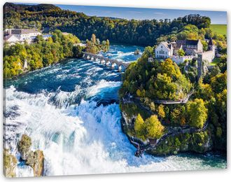 Pixxprint Panorama vom Rheinfall in der Schweiz, Größe: 120x80cm, Leinwandbild, fertig gespannt, Wandbild, Dekoration, Kunstdruck, kein Poster