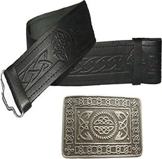 Maze Ceinture de kilt en cuir gaufré et boucle de serpent celtique antique - Lot de 2 pièces - Noir - Large