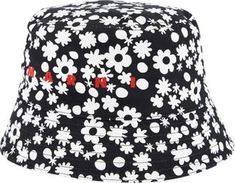 Marni Homme, Accessoires, Noir, Taille: M Chapeau Seau en Coton Noir et Blanc Pop Fields