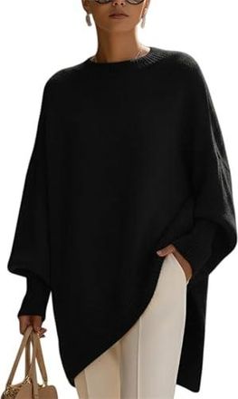 Generic Pull d&eacute;contract&eacute; &agrave; col rond et manches chauve-souris en tricot ample tendance r&eacute;tro paresseux manteau printemps c&ocirc;tel&eacute; chaud ch&acirc;le pull tops, Noir, XX