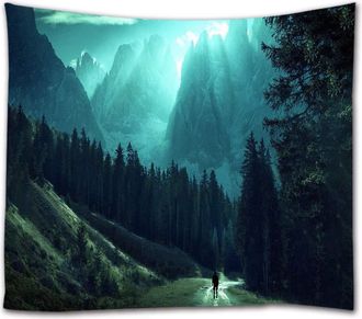 A.Monamour Wandteppiche Ein Mann Allein In Tiefen Bergen Nebligen Wald B&auml;ume Natur Landschaft Drucken Boho Hippie Mandala Wandbehang Tapisserie Wandkunst Dekore 