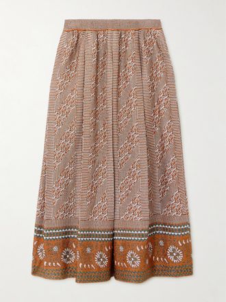 Valentino Garavani Jupe Midi En Mailles Intarsia M&eacute;tallis&eacute;es &Agrave; Plis - Marron