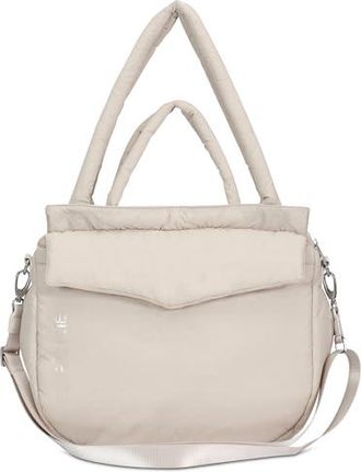 Expatri&eacute; Cabas Femme Beige - Poppy - Grand Sac &agrave; Main en Nylon - Shopper Bag avec Fermeture &Eacute;clair pour Cours, &Eacute;tudiant et Lyc&eacute;e - Puffer Tote Bag avec Compart