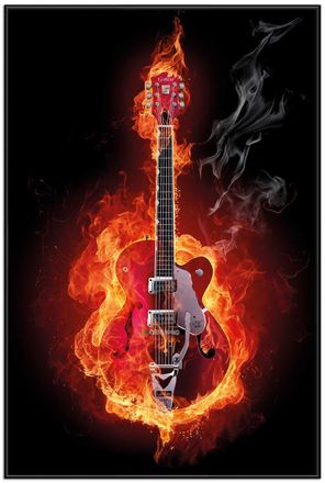 Wallario Wandbild - Brennende Gitarre in Premiumqualit&auml;t, Poster mit schwarzem Rahmen, Gr&ouml;&szlig;e: 61 x 91,5 cm