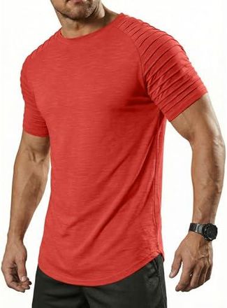 Coofandy T-Shirt &agrave; Manches Courtes pour Homme Col Rond Shirt Raglan Long Sport Shirts Course Pied S&eacute;chage Rapide Ponceau L
