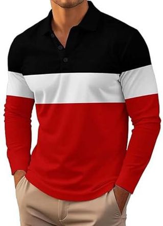 Generic Polo à manches longues pour homme en coton rayé avec col boutonné, Polo rouge à manches longues pour hommes, XL