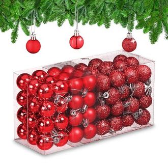 Relaxdays Weihnachtskugeln im 96er Set, glitzernde, matte & glänzende Baumkugeln, Weihnachtsbaumdeko, Kunststoff, rot