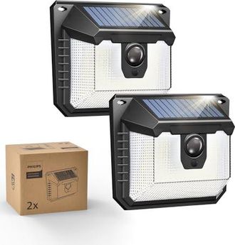 Philips Lampe Solaire Ext&eacute;rieur avec D&eacute;tecteur, 120 LEDs S&eacute;curit&eacute;, 3 Modes, &Eacute;tanche pour Jardin Cl&ocirc;ture Garage Lot de 2
