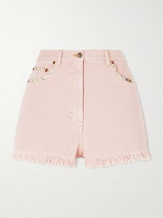 Valentino Garavani Short En Jean De Coton Et Lin M&eacute;lang&eacute;s Effil&eacute; &Agrave; Ornements - Rose