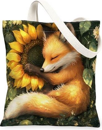 Generic Sac fourre-tout en toile de renard printanier pour faire du shopping, 33 x 38,1 cm, motif feuille de tournesol, animal r&eacute;utilisable, sac d&eacute;picerie pou