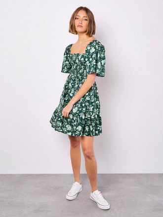 Apricot Minikleid Gesmoktes Minikleid aus Baumwollpopeline mit floralem Muster