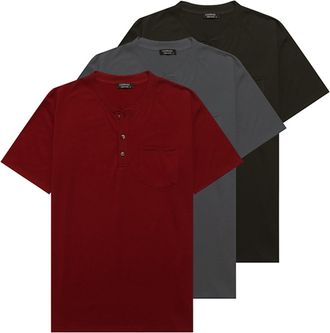 Coofandy 3er Pack Herren Henley Shirt Kurzarm T-Shirt Einfarbig Shirts mit Taschen Männer OberteileTee Schwarz/Dunkelgrau/Weinrot S