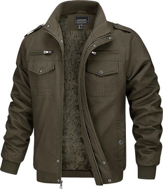 Magcomsen Winterjacke Herren Fleecejacke Arbeitsjacke Baumwolle Reißverschluss Jacke Pilotenjacke Winter Armeegrün 2XL