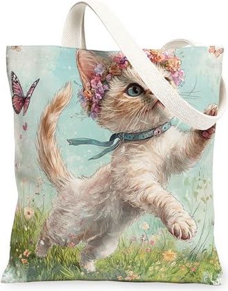 Generic Spring Devon Rexs Sac fourre-tout en toile r&eacute;utilisable Motif chats 33 x 38 cm Motif papillons amusants Pour femme