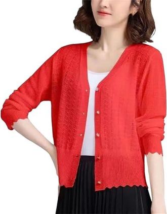 Generic Cardigan en soie pour femme - Chemisier dext&eacute;rieur ample - &Eacute;paules ajour&eacute;es - Petit ch&acirc;le - Haut en tricot, Rouge, Taille XL