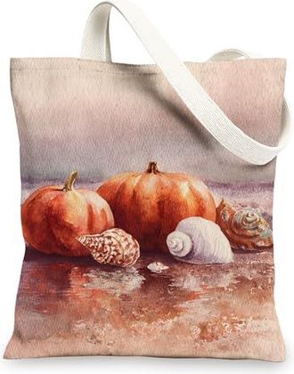 Generic Sacs fourre-tout en toile citrouille, motif végétal dautomne artistique, sacs de courses réutilisables, rustiques, côtiers, légers et lavables, Orange