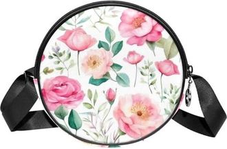 Generic Petit sac &agrave; bandouli&egrave;re circulaire pour femme, motif feuilles florales, sac &agrave; dos avec fermeture &eacute;clair, bretelles r&eacute;glables, sac &agrave; main rond d&eacute;contra