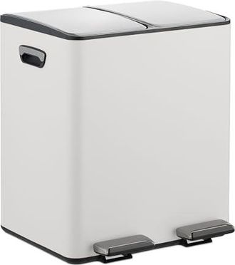 Relaxdays Mülleimer, 2 Fächer, je 15 Liter, entnehmbare Inneneimer, Fußpedal, Küche, Tretmülleimer, Eisen, weiß/Silber