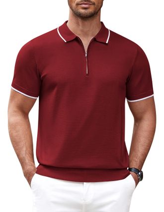 Coofandy Herren-Poloshirt mit Reißverschluss, lässig, gestrickt, kurzärmelig, Klassische Passform, Weinrot, Mittel