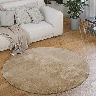 Paco Home Tapis Rond Salon Tapis Poil Ras Moderne Moelleux Lavable Monochrome, Dimension:200 cm Rond, Couleur:Beige 2