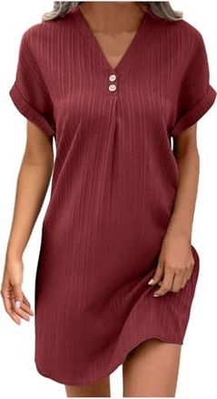 Generic Robe Femme Col en V Robe &Eacute;t&eacute; Robe Chic et Elegant Col Boutonn&eacute; Robe Manches Courtes D&eacute;contract&eacute; A-Linie Swing Robe de Plage Couleur Unie L&eacute;ger et Resp