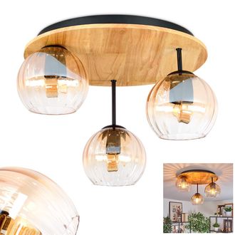 HOFSTEIN Deckenleuchte Koyoto, 3-flammige Deckenlampe aus Metall/Holz/Riffelglas in Schwarz/Natur/Bernstein/Klar, Leuchte Retro/Vintage-Design, Schirme &Oslash; 15cm,